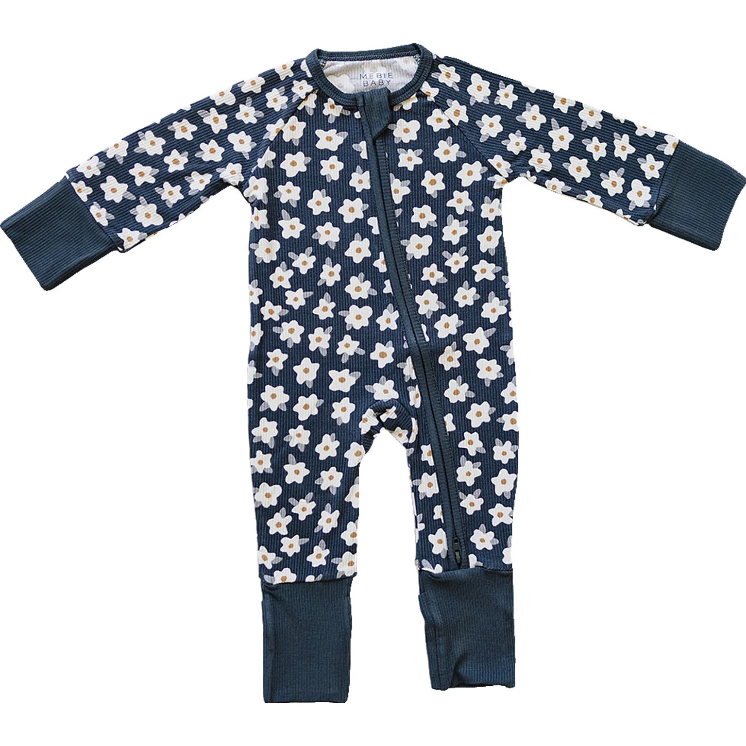 Mebie Baby Ribbed Bamboo Zipper Pajama - Navy Daisy | The Baby Cubby